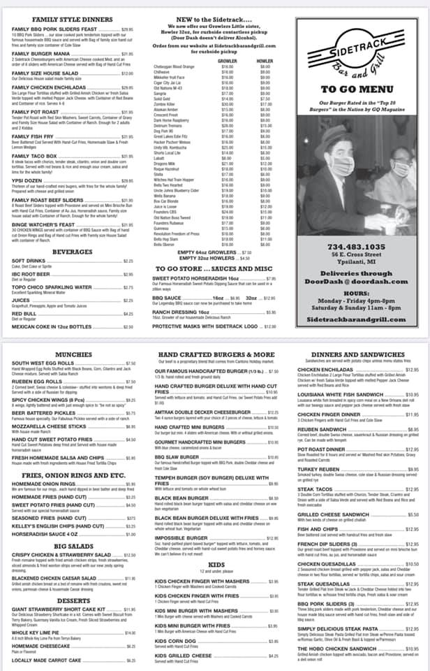 Menu for Sidetrack Bar and Grill, Ypsilanti, MI - Restaurantji
