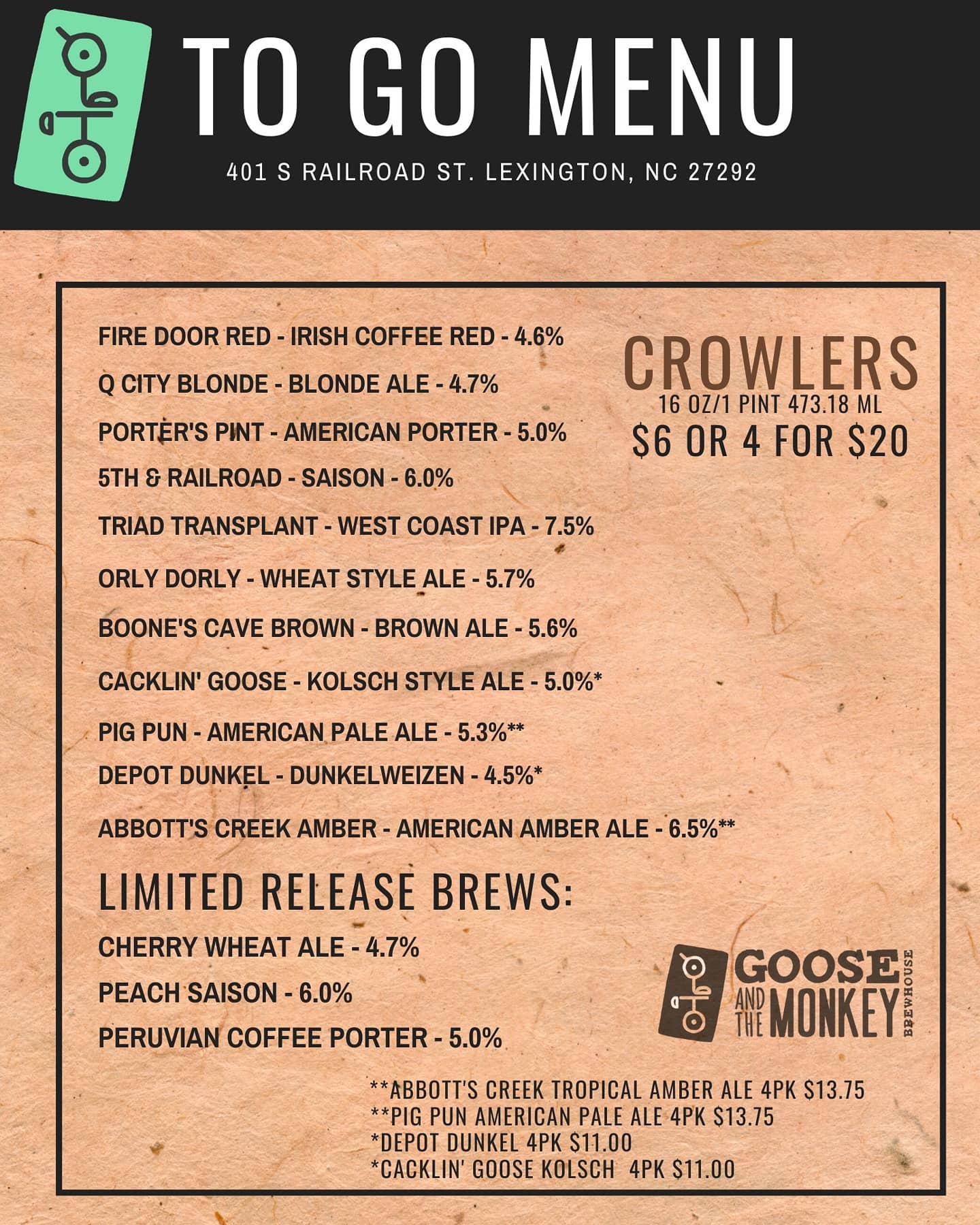 Goose and the Monkey Brew House, Lexington - Menu, Reviews (130 ...